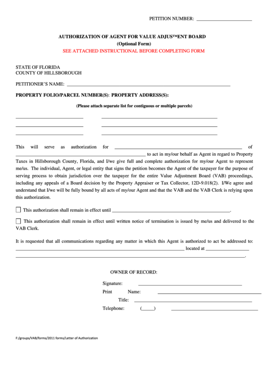 Authorization Of Agent For Value Adjustment Board printable pdf download