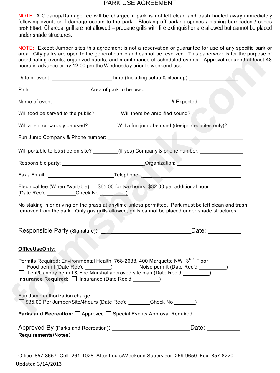 Park Use Agreement printable pdf download