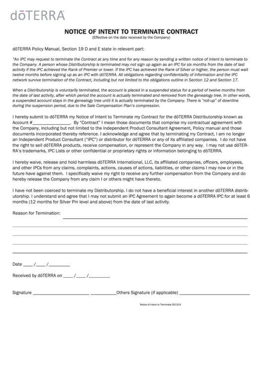 Notice Of Intent To Terminate Contract Printable Pdf Download