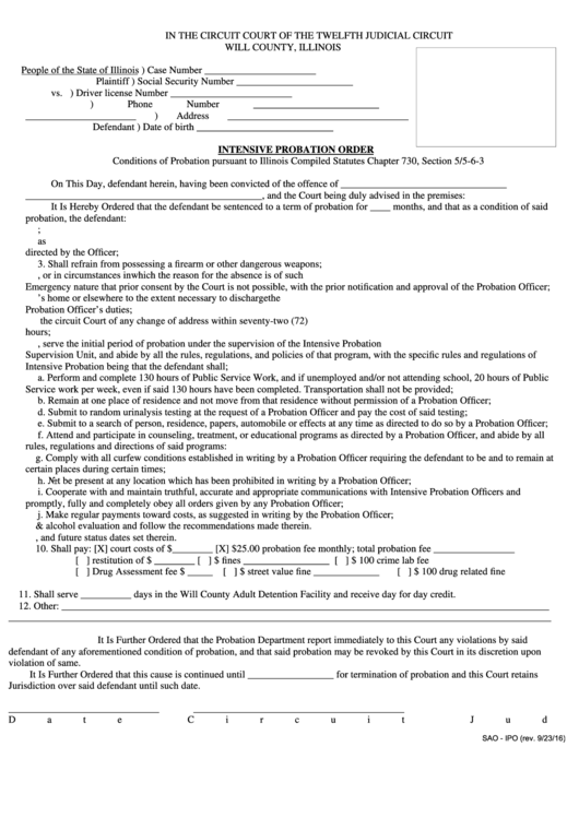 Fillable Form Sao - Ipo - Intensive Probation Order printable pdf download