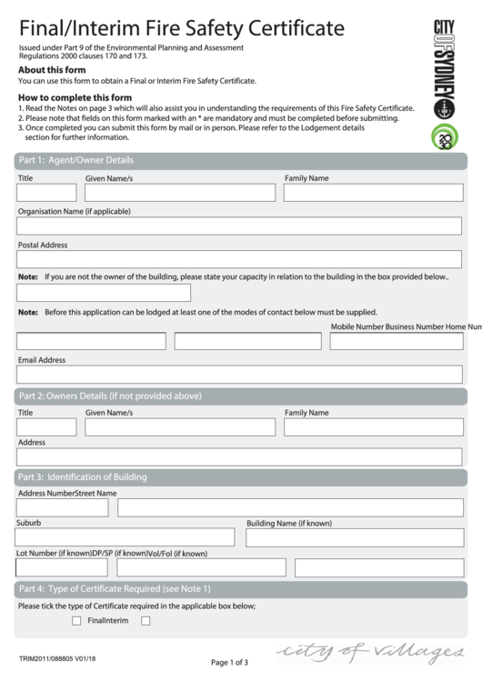 Final/interim Fire Safety Certificate printable pdf download