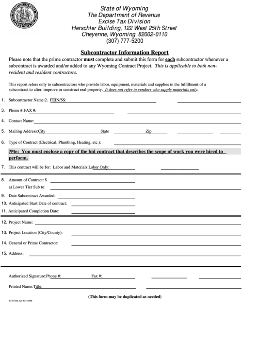 Ets Form 120 - Subcontractor Information Report - State Of Wyoming ...