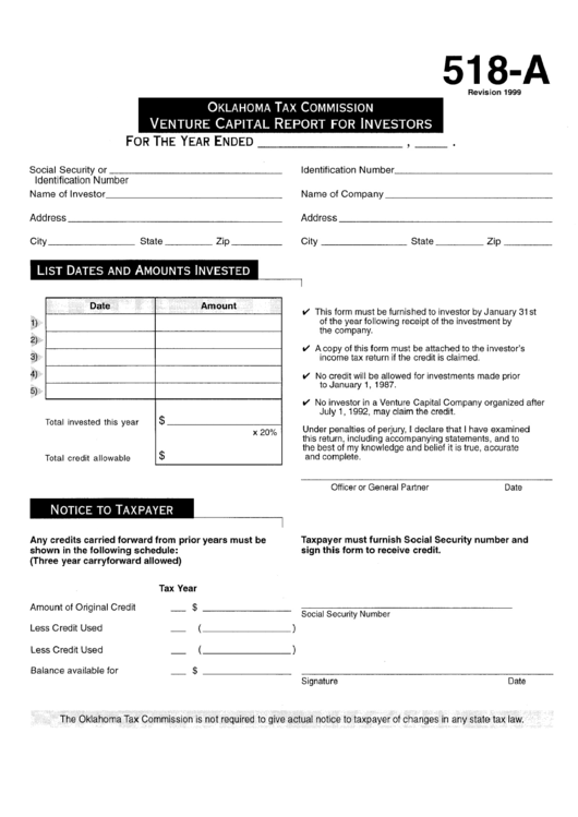 Form 518-A - Venture Capital Report For Investors - Oklahoma Tax ...