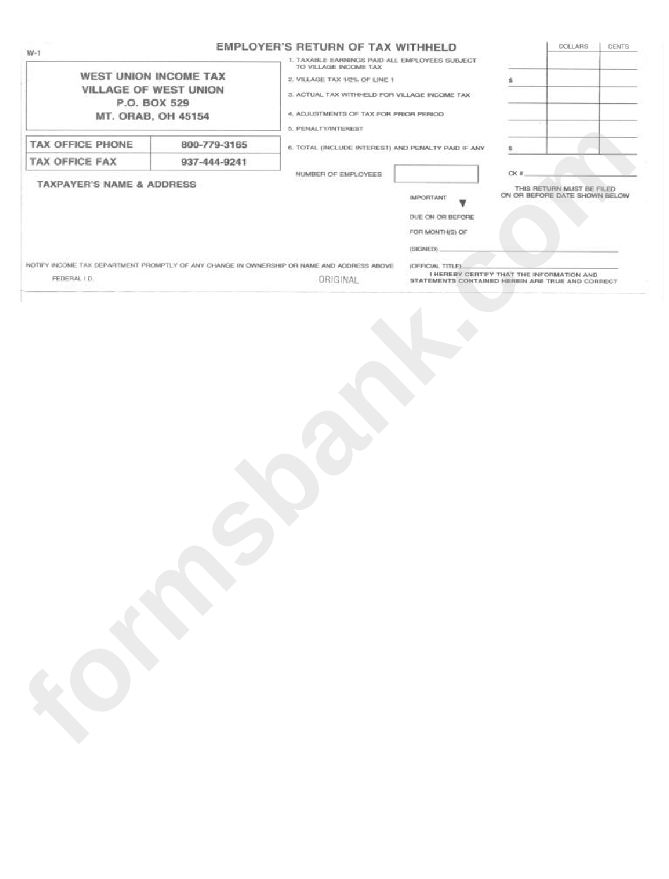 Form W-1 - Employer'S Return Of Tax Withheld - Village Of West Union ...