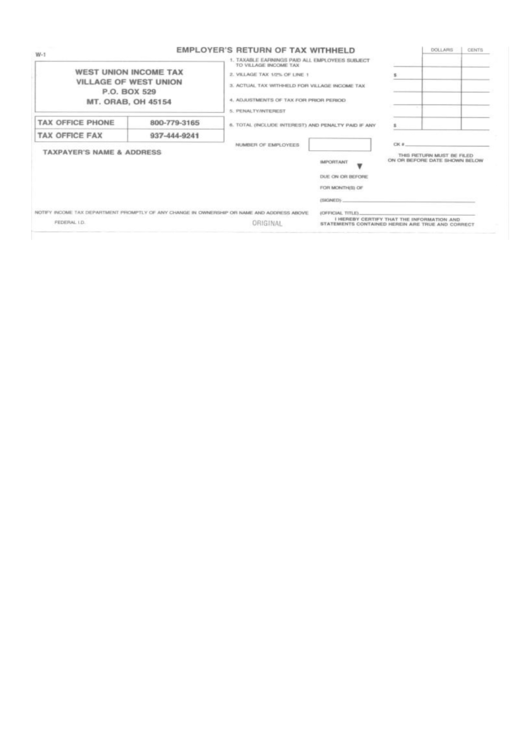 Form W-1 - Employer'S Return Of Tax Withheld - Village Of West Union ...