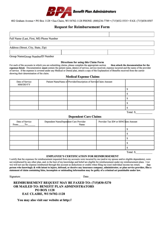 Fillable Re For Reimbursement Form Printable Pdf Download