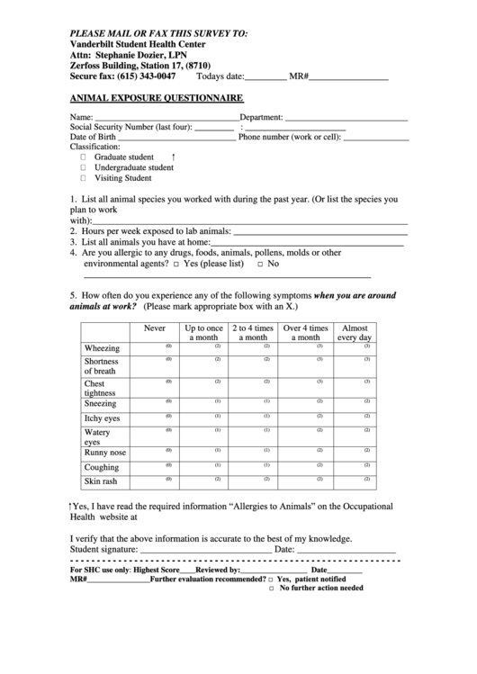 Animal Exposure Questionnaire printable pdf download