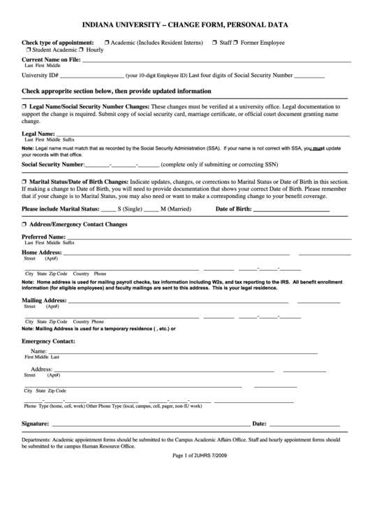 Indiana University - Change Form, Personal Data printable pdf download