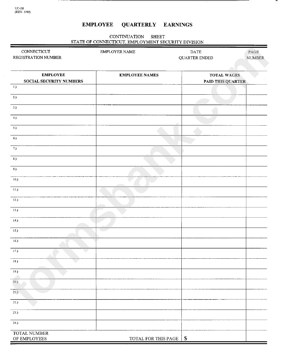 Form Uc-5b - Employee Quarterly Earnings printable pdf download