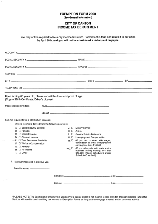 Exemption Form - Income Tax Department - 2000 printable pdf download