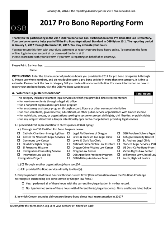 Fillable Pro Bono Reporting Form - Oregon State Bar - 2015 printable ...