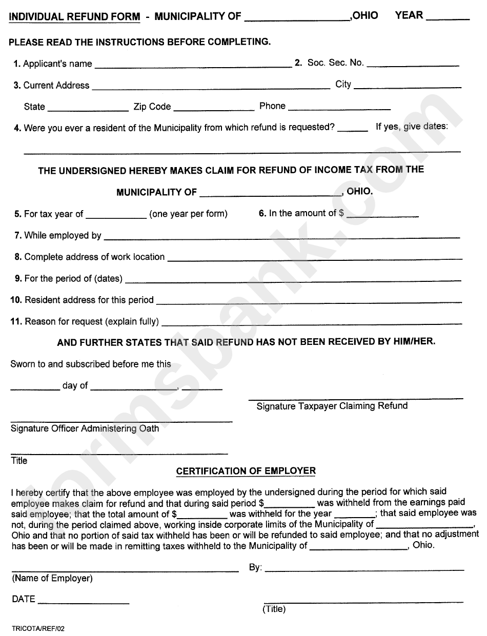 Form Tricota/ref/02 - Individual Refund Form printable pdf download