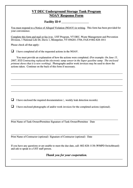 Vt Dec Underground Storage Tank Program Noav Response Form - Department ...
