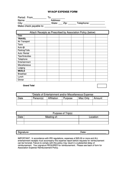 Wvaop Expense Form printable pdf download