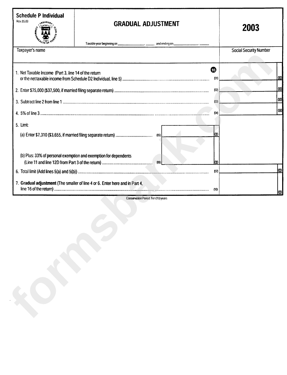 Schedule P Individual - Gradual Adjustment - 2003 printable pdf download