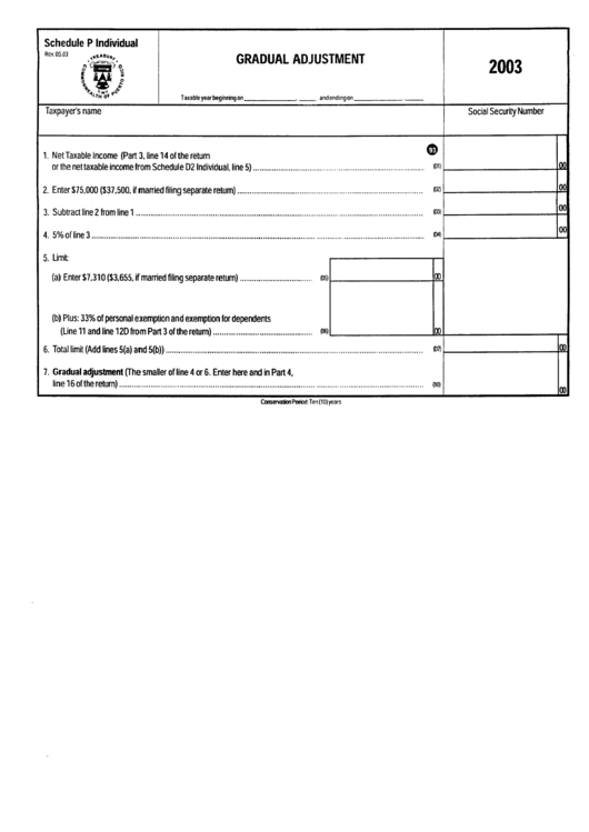 Schedule P Individual - Gradual Adjustment - 2003 printable pdf download