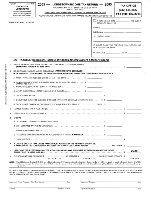 Form Ir - Lordstown Income Tax Return - 2005 printable pdf download