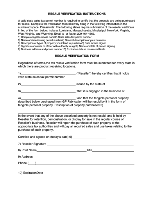 Fillable Resale Verification Form printable pdf download
