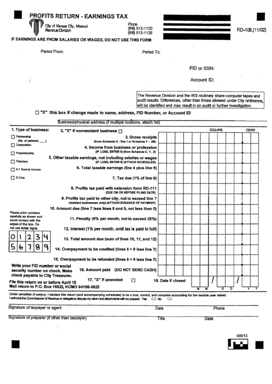 Form Rd-108 - Profits Return - Earnings Tax printable pdf download