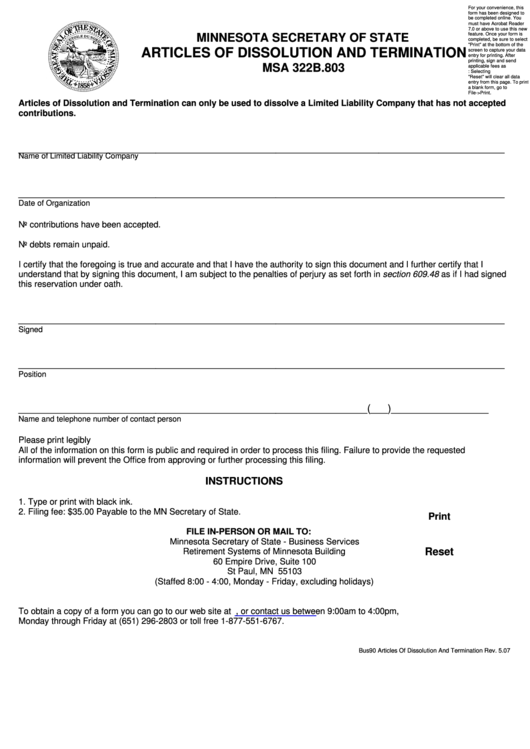Fillable Articles Of Dissolution And Termination - Minnesota Secretary ...