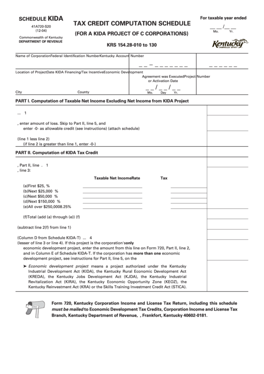 Form 41a720-S20 - Schedule Kida - Tax Credit Computation Schedule ...