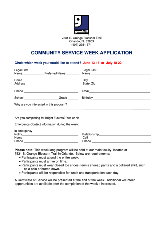 Community Service Week Application printable pdf download