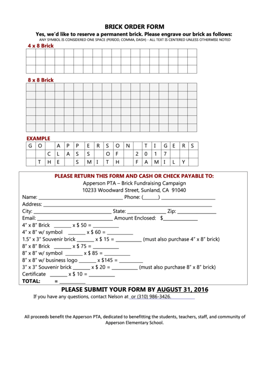 Brick Order Form - Apperson Elementary School printable pdf download
