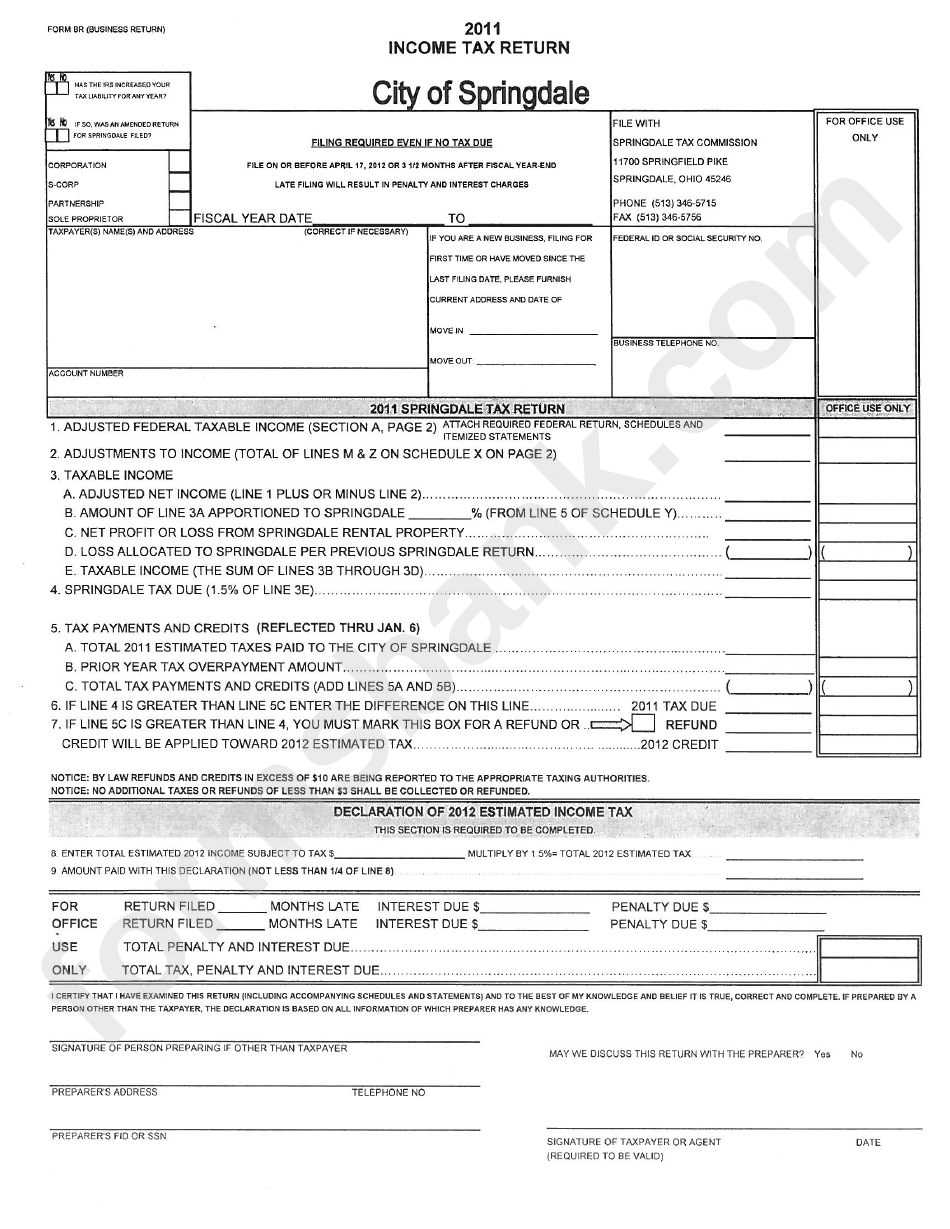 Form Br - Income Tax Return - 2011 printable pdf download