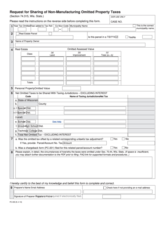 Form Pc 205 - Request For Sharing Of Non-Manufacturing Omitted Property ...