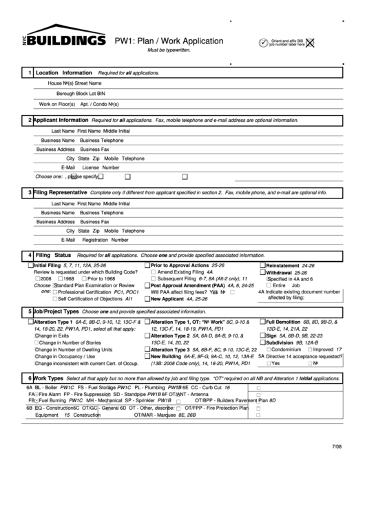Fillable Form Pw1 - Plan / Work Application - Nyc Buildings printable ...