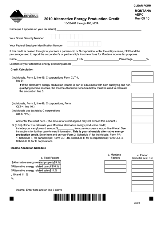 Fillable Montana Form Aepc - 2010 Alternative Energy Production Credit ...