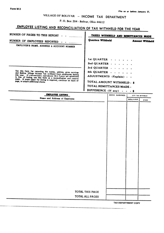 Form W-3 - Employee Listing And Reconciliation Of Tax Withheld For The ...