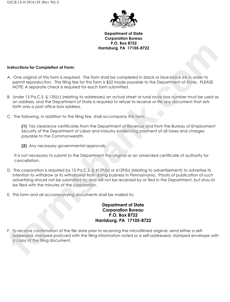 Instructions For Completion Of Form Dscb15-4129/6129 printable pdf download