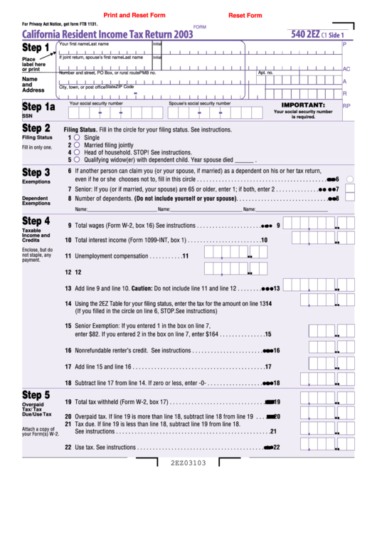 Fillable Form 540 2ez California Resident Income Tax Return 2003 Fillable Form 540 2ez California Resident Income Tax Return 2003