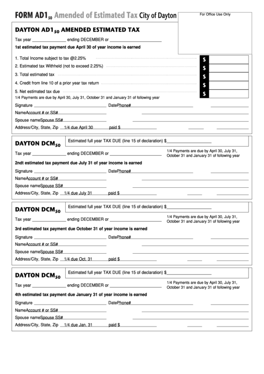 Form Ad1 50 - Amended Of Estimated Tax printable pdf download
