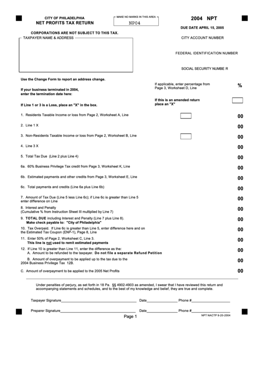Form Npt - Net Profits Tax Return - 2004 printable pdf download