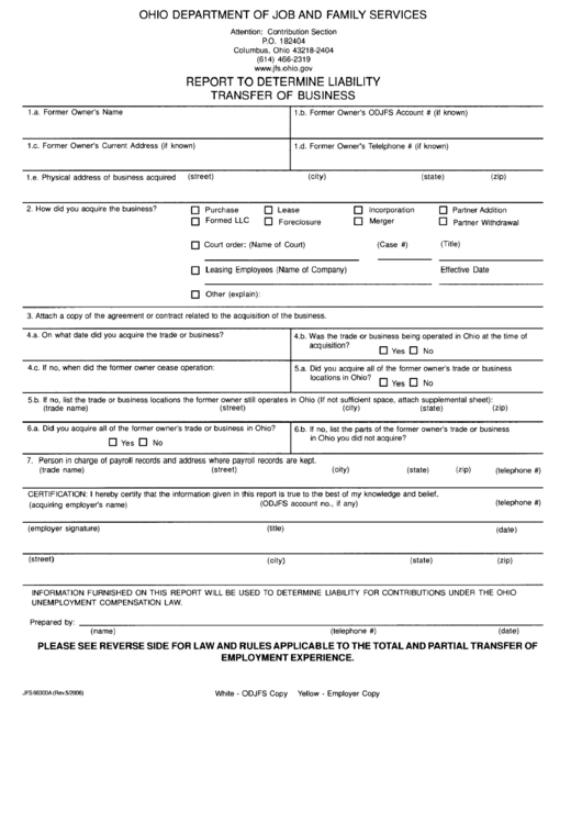 Form Jfs 66300a - Report To Determine Liability Transfer Of Business ...