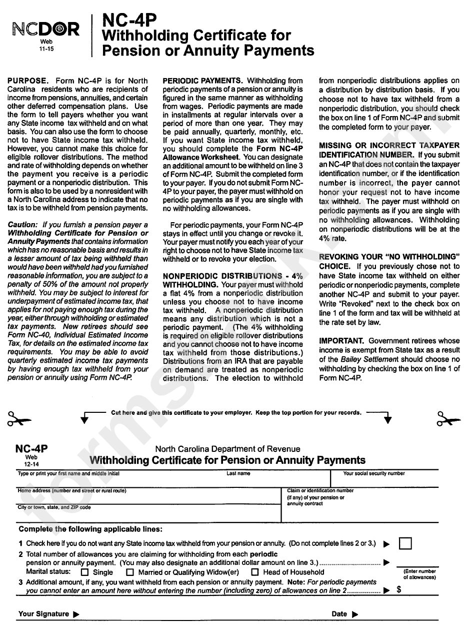Form Nc 4p Withholding Certificate For Pension Or Annuity Payments Form Nc 4p Withholding Certificate For Pension Or Annuity Payments