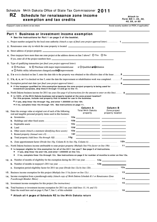 Fillable Schedule Rz - Schedule For Renaissance Zone Income Exemption ...
