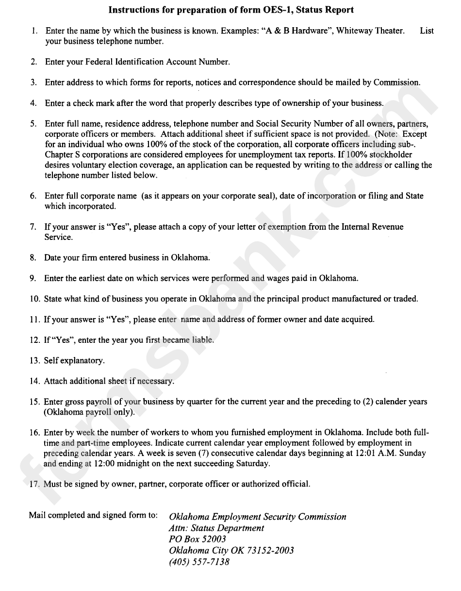 Instructions For Preparation Of Form Oes-1, Status Report printable pdf ...