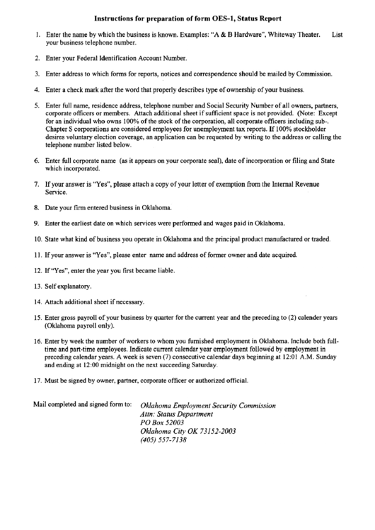 Instructions For Preparation Of Form Oes-1, Status Report printable pdf ...