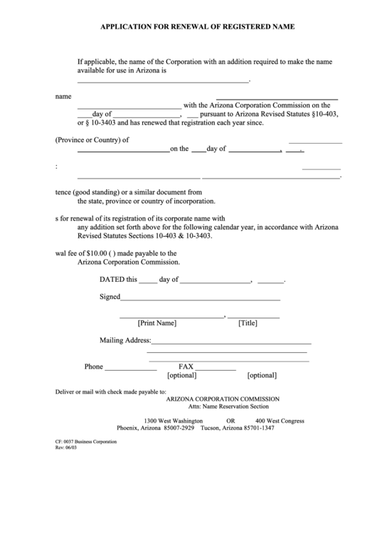 Form Cf: 0037 - Application For Renewal Of Registered Name printable ...