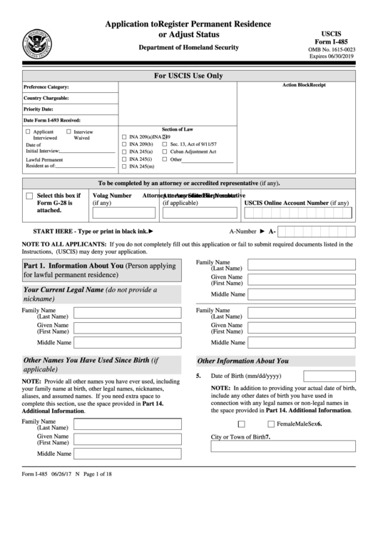 Fillable Form I 485 Application To Register Permanent Residence Or 