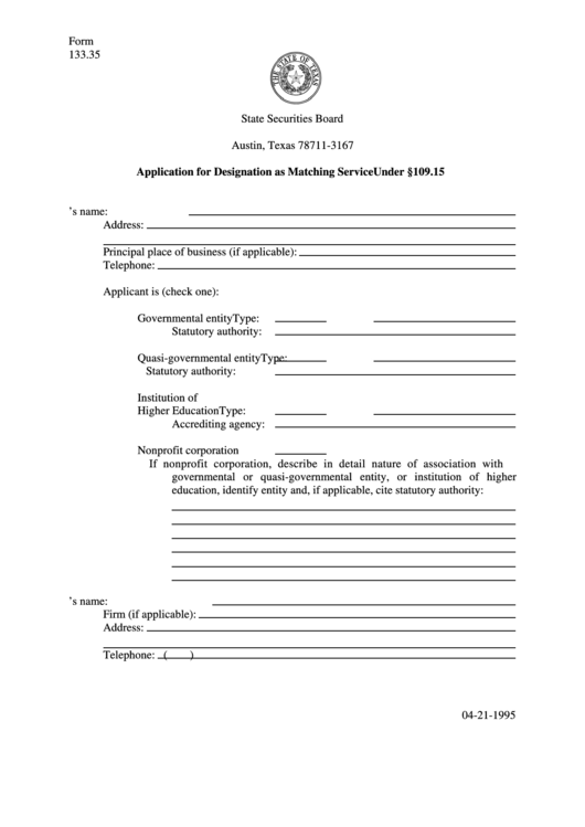 Form 133.35 - Application For Designation As Matching Service printable ...