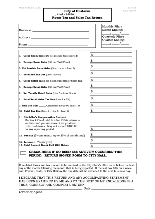 Form Tax1-2009 - Room Tax And Sales Tax Return printable pdf download