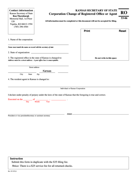 Fillable Form Ro 53-06 - Corporation Change Of Registered Office Or ...