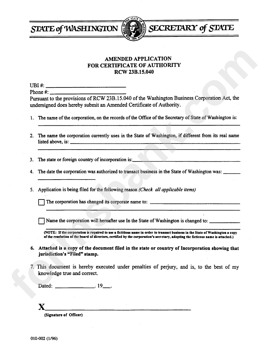 Form Rcw 23b.15.040 - Amended Application For Dertificate Of Authority ...