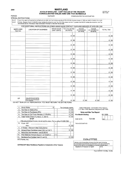 Form Cot/st-110 - Consolidated Sales And Use Tax Schedule - 2004 ...