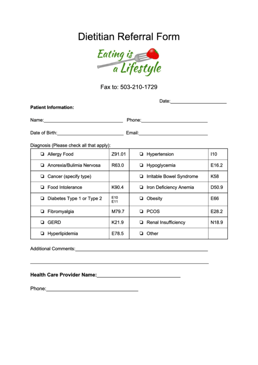 Dietitian Referral Form Printable Pdf Download