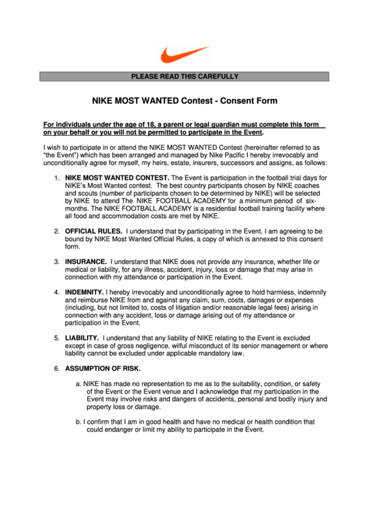 Nike Most Wanted Contest - Consent Form printable pdf download
